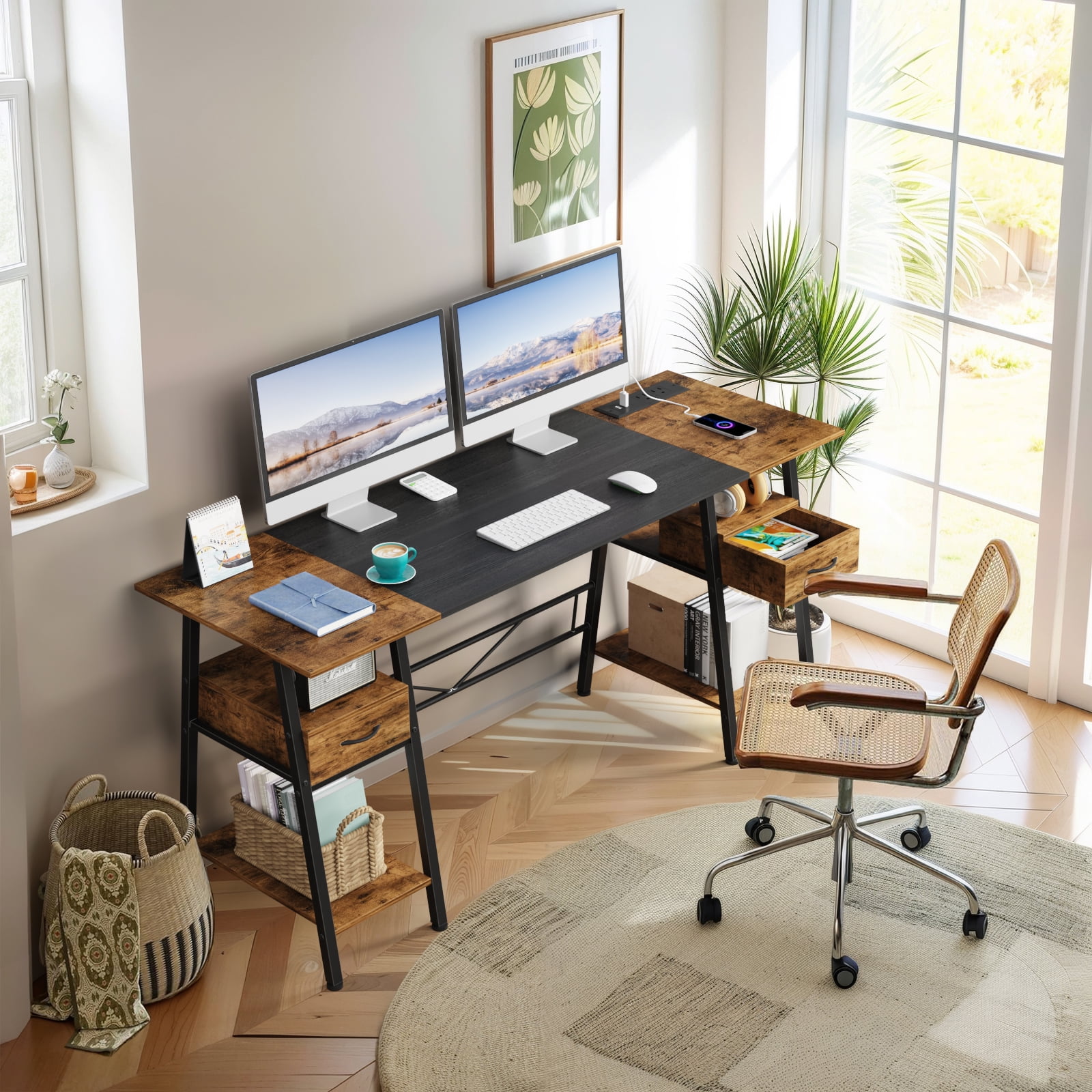 JAFUSI 47.2"W Rectangle Computer Desk with Power Outlets/Storage ...