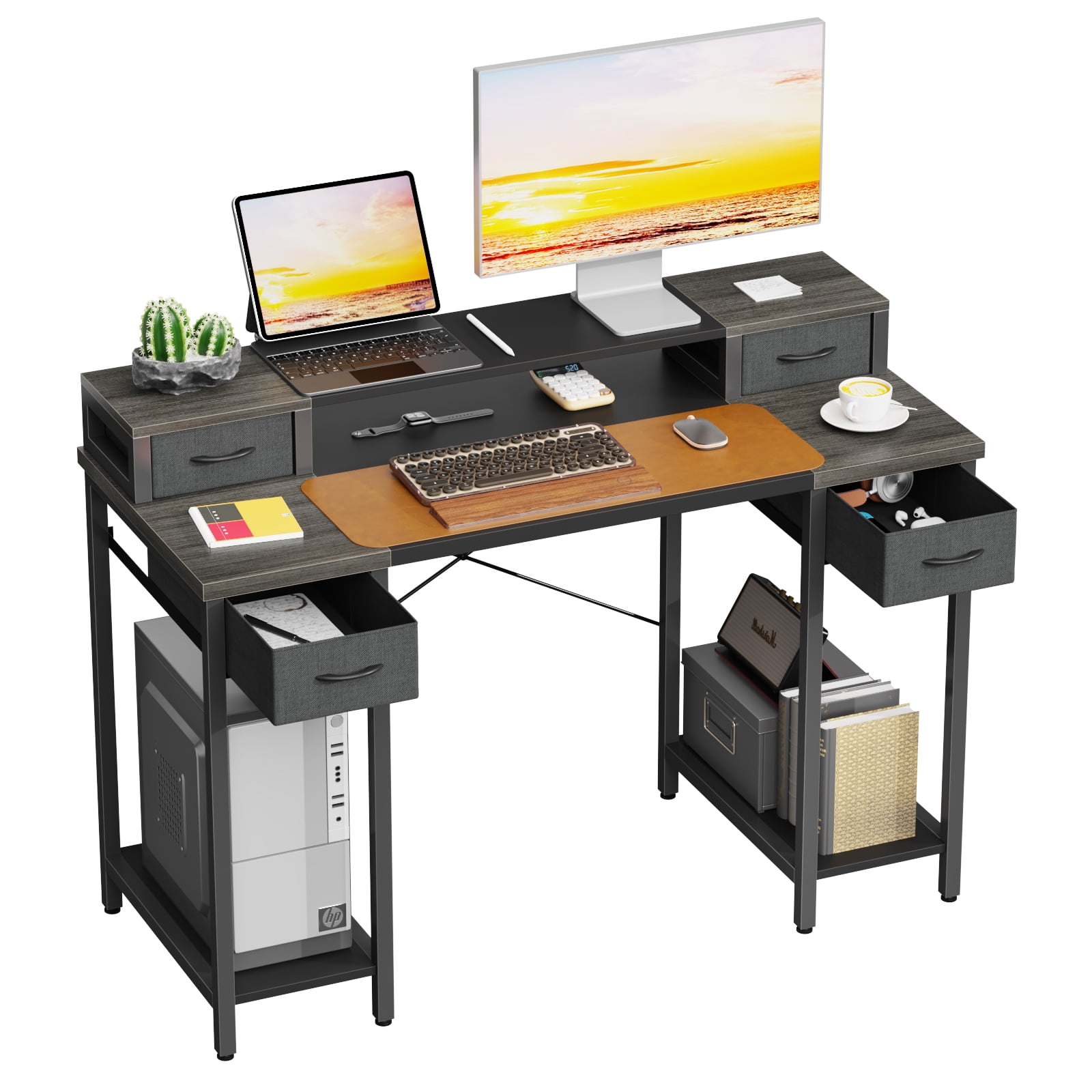 JAFUSI 47" Computer Desk with Dual Monitor Stand/Storage Drawers ...