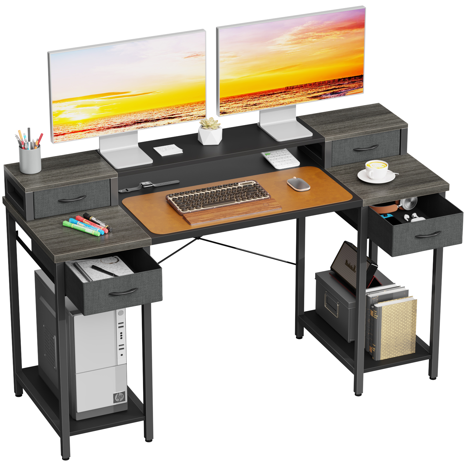 JAFUSI 55" Computer Desk with Dual Monitor Stand/Storage Drawers ...