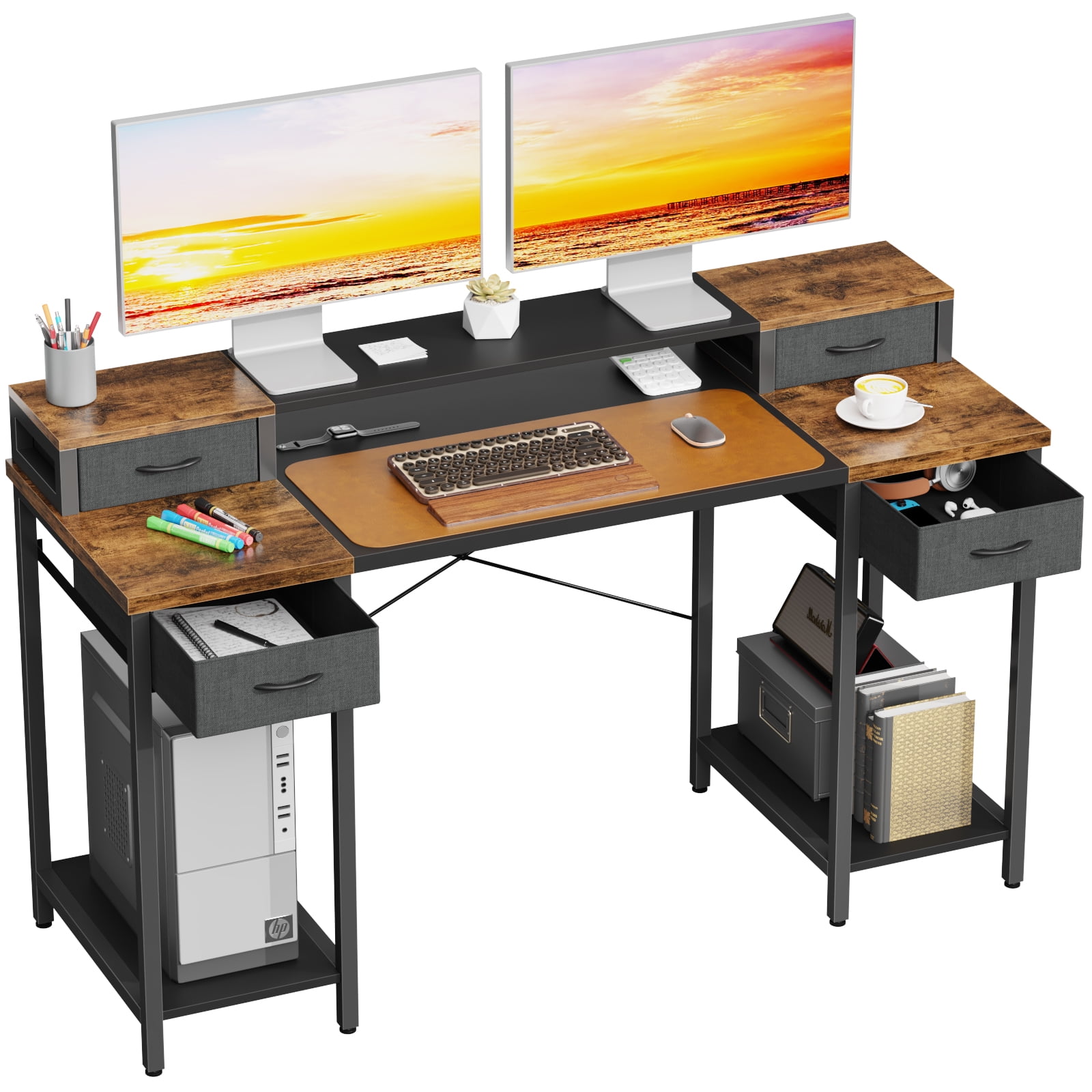 JAFUSI 55" Rustic Brown Home Office Desk with Monitor Stand, Storage ...