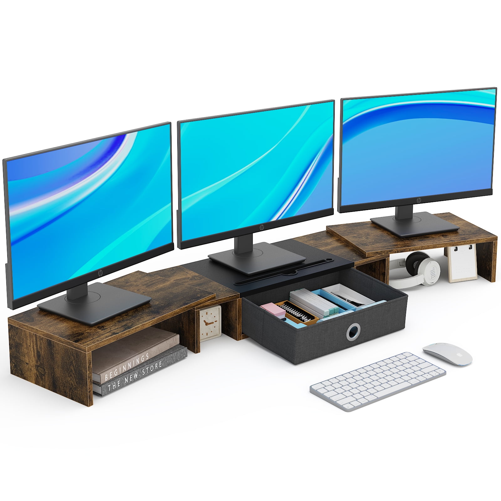 JAFUSI 60Inch Triple Monitor Stand with Storage Drawer, Adjustable for ...