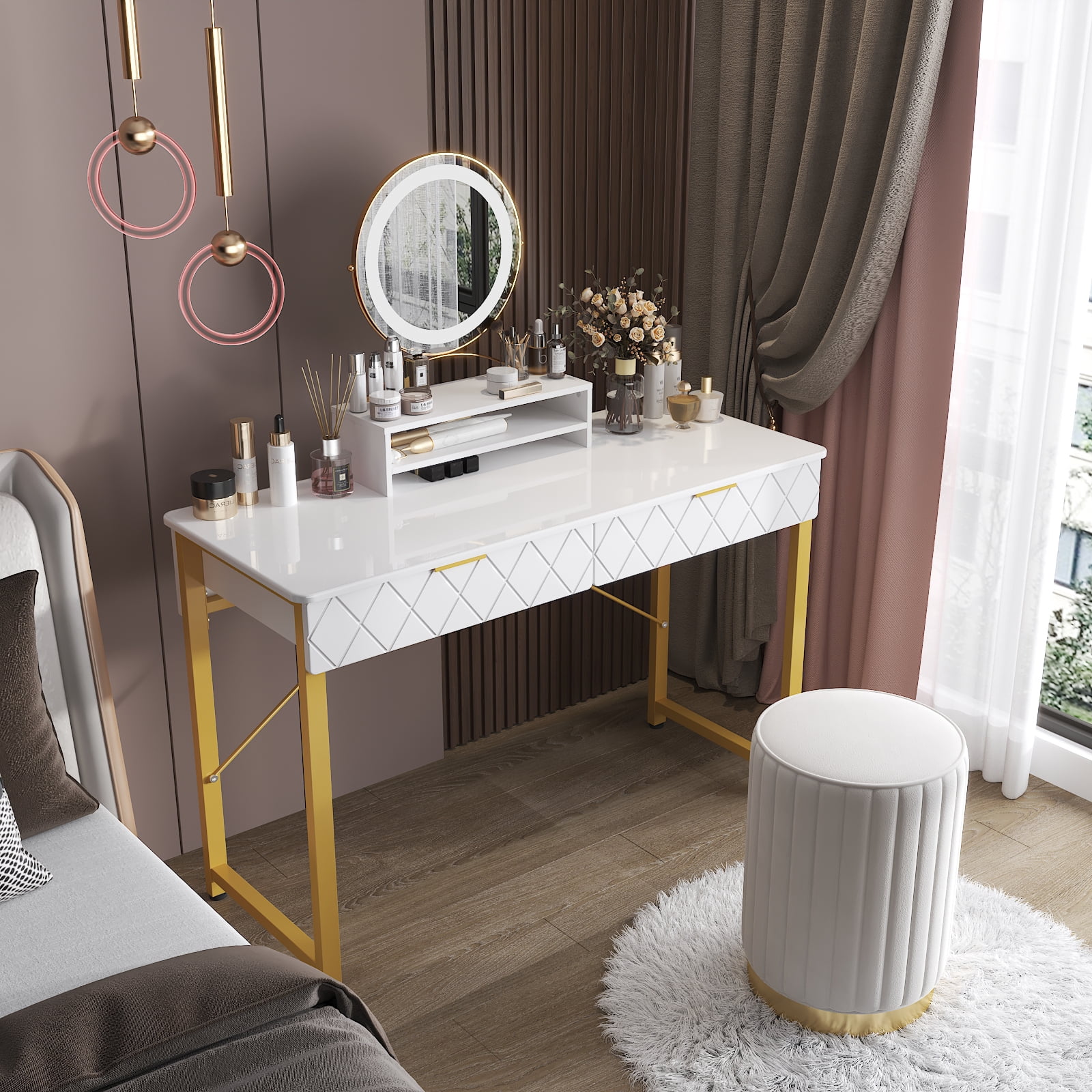 JAFUSI Makeup Vanity Table with Drawers and Storage Shelf, Glossy ...