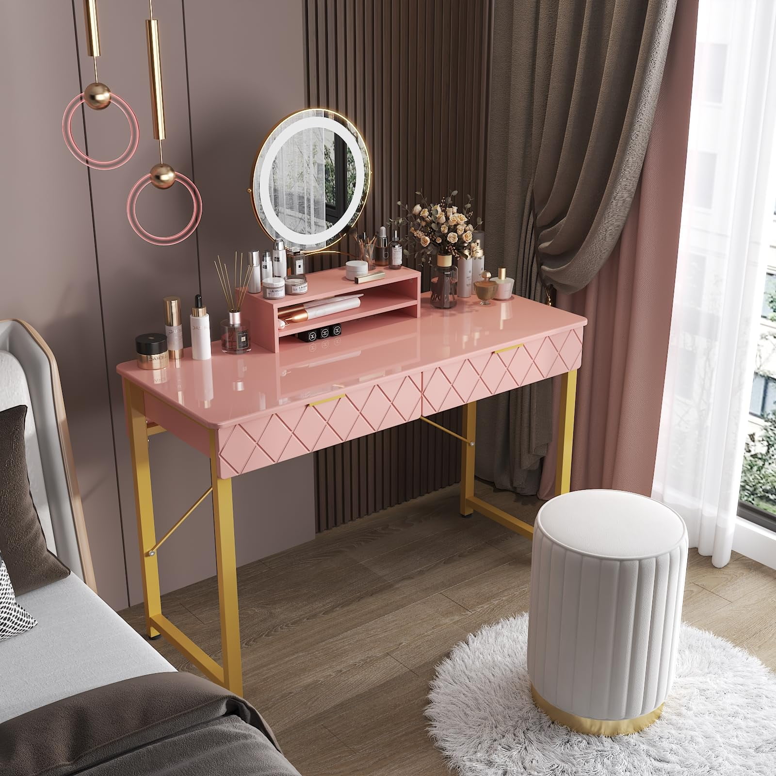 JAFUSI Vanity Table, Pink Desktop with Gold Metal Frame, Makeup Desk ...