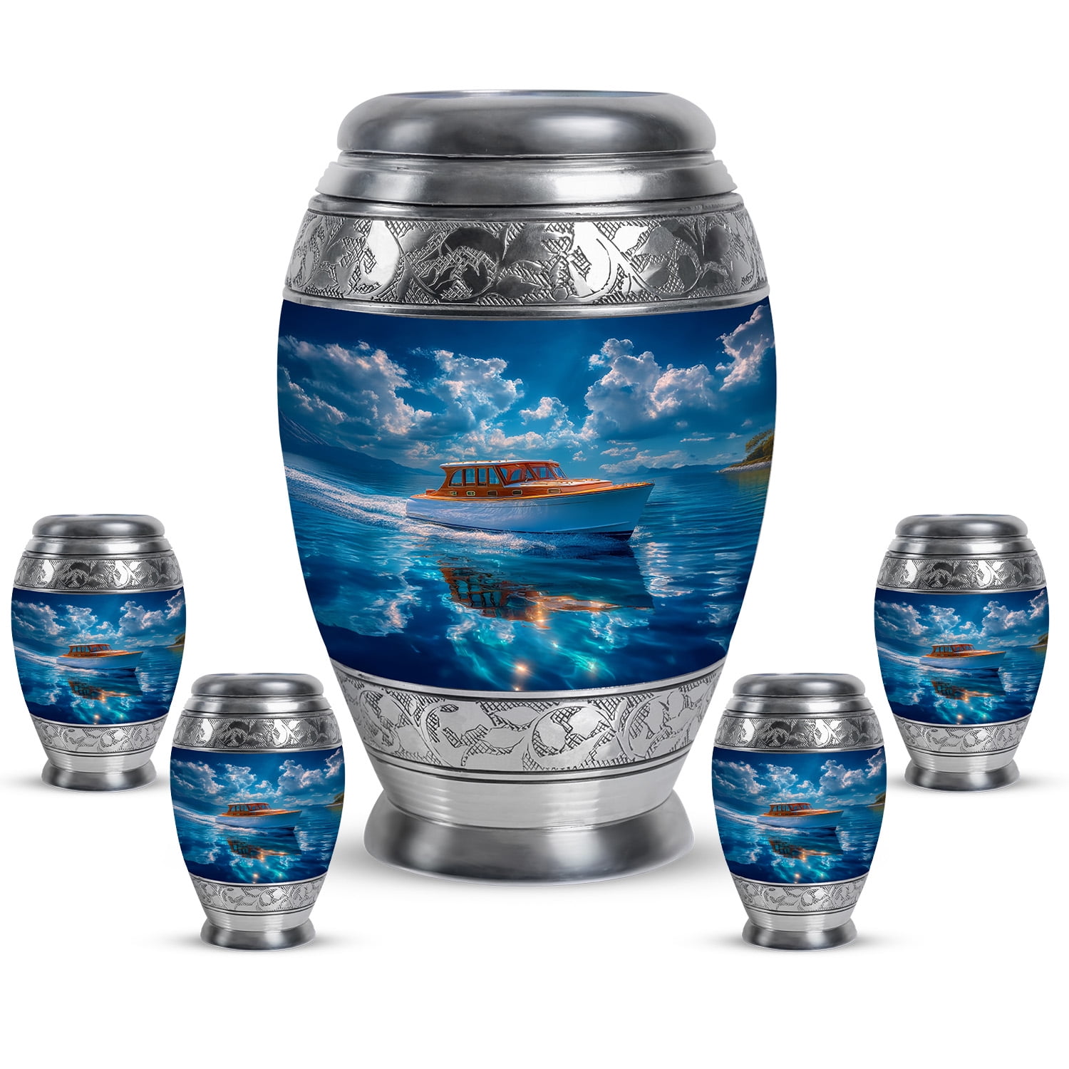 JAGASY Boat Funeral Keepsake Combo Urn Set, Blue Small Urns for Human ...