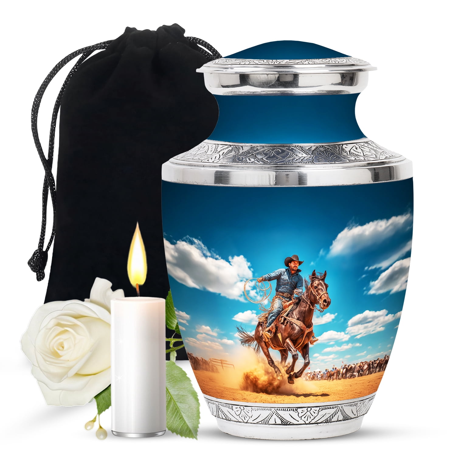 JAGASY Cowboy Memorial Urns for Father, Blue Large Urn for Ashes Adult ...