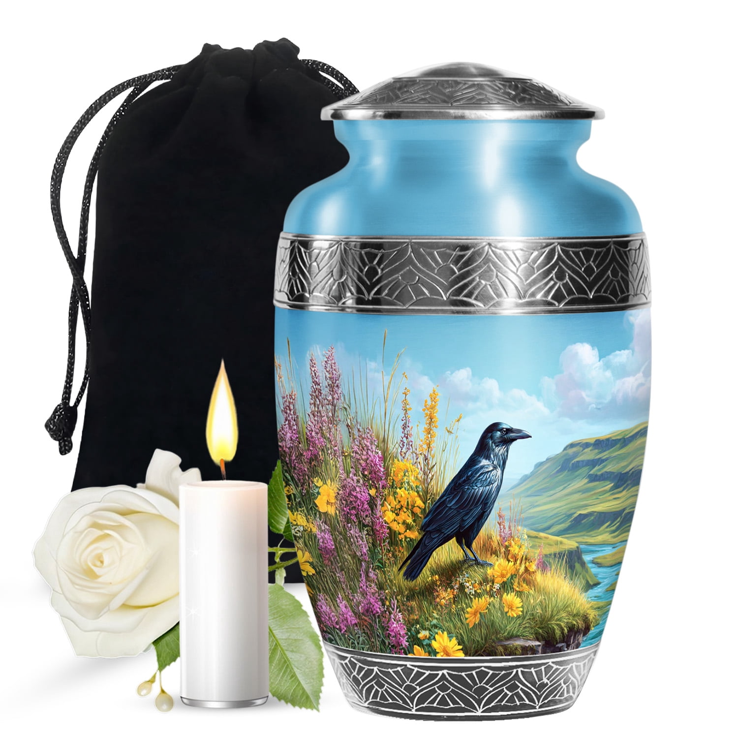 JAGASY Crow Urn for Ashes Adult Female, Large Light Blue Urns for Human ...