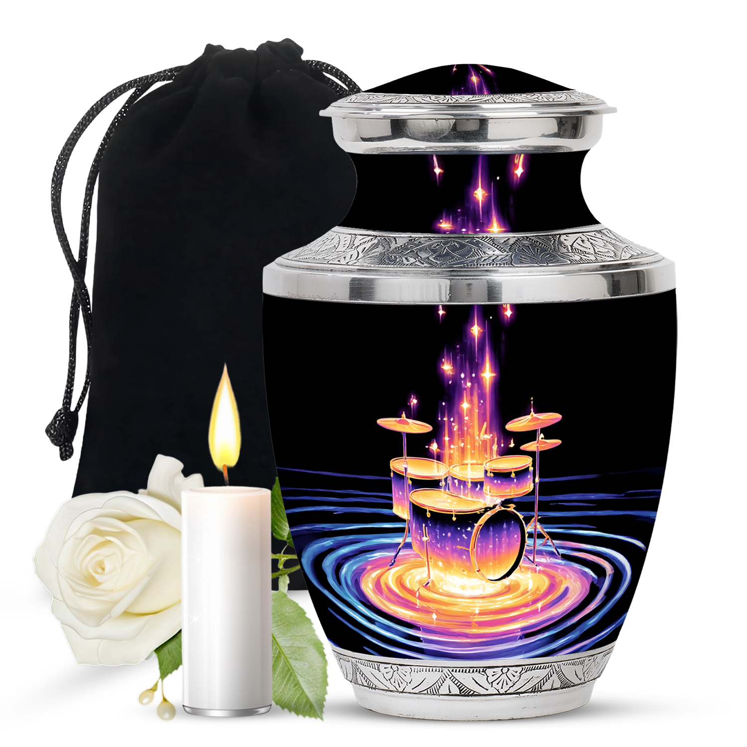 JAGASY Drum Set Memorial Large Urn for Ashes Adult Male, Black Urns for ...