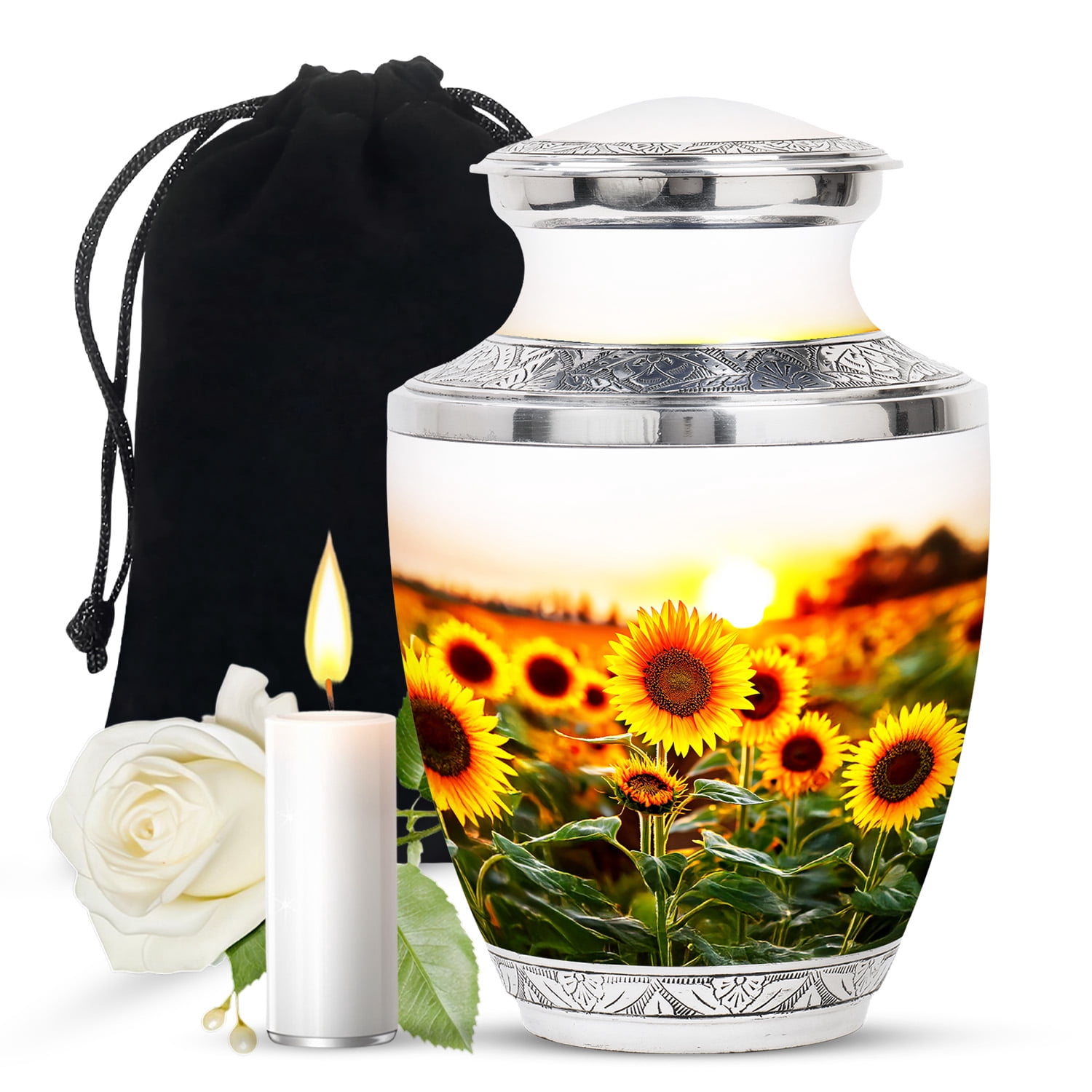 JAGASY Sunflower Funeral Urn for Human Ashes, White Large Urn for Ashes ...