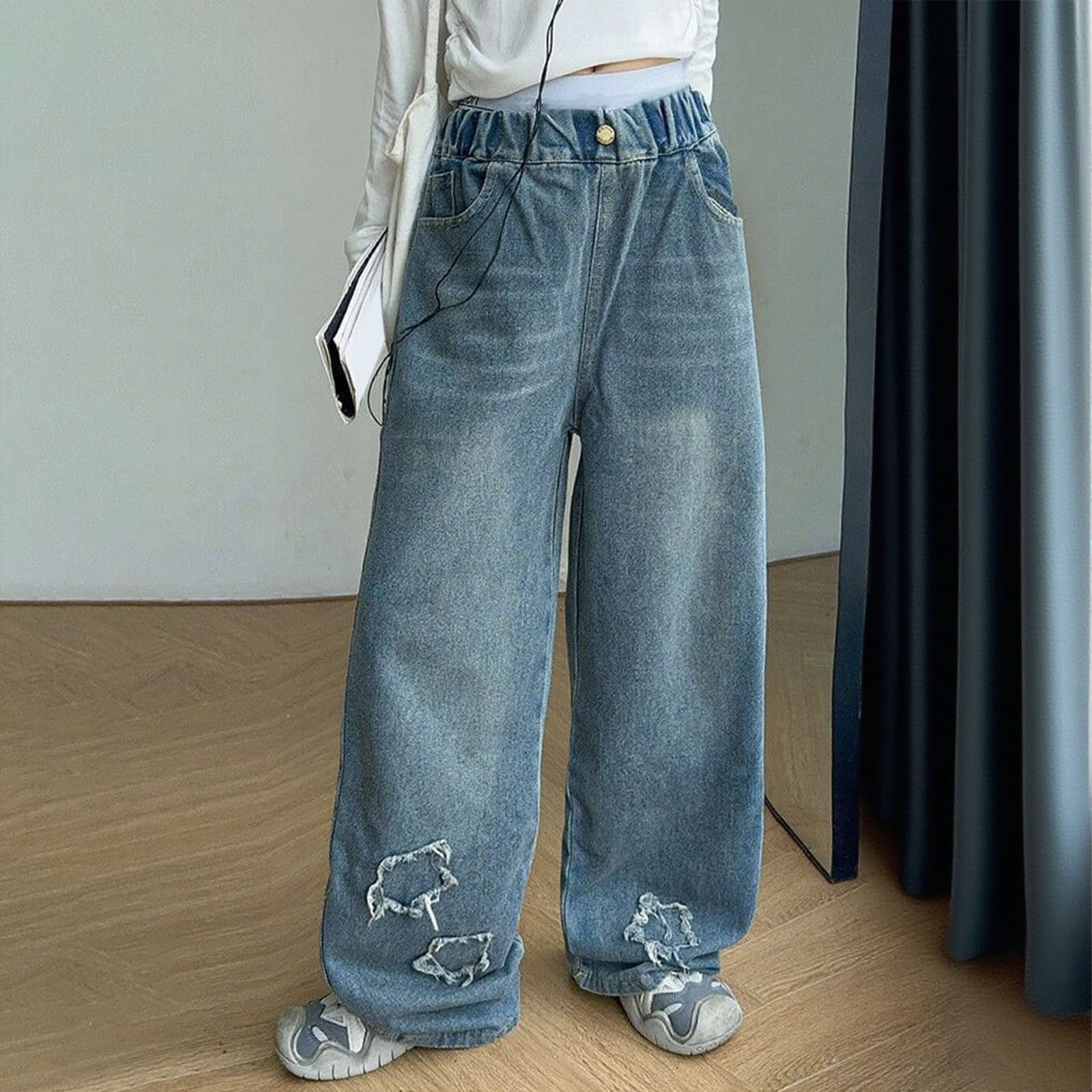 JAHH Boys Pull On Jeans Baggy Denim Pants Elastic Waist Straight Wide ...