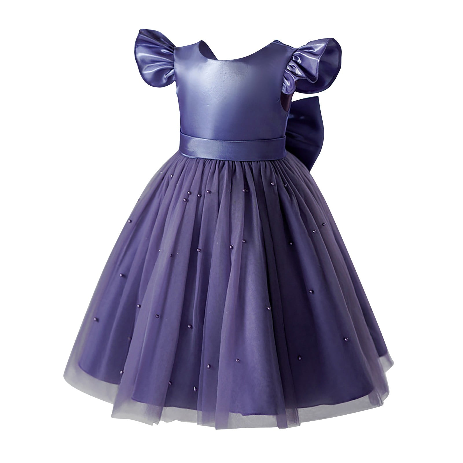 JAHH Children's 2024 Dresses Girl's Summer Fly Sleeve Satin Beaded Bow ...