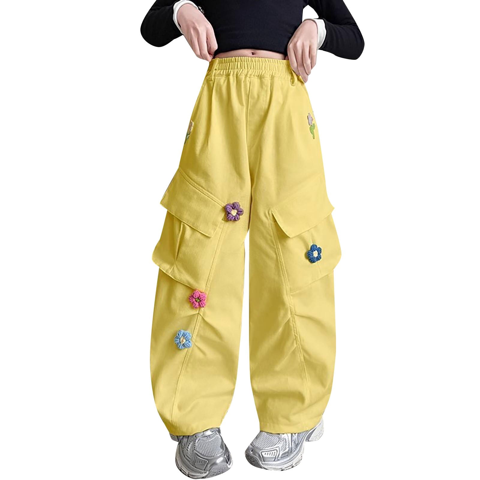 JAHH Flower Embroidery Cargo Pants Youth Girls Wide Leg Elastic High ...