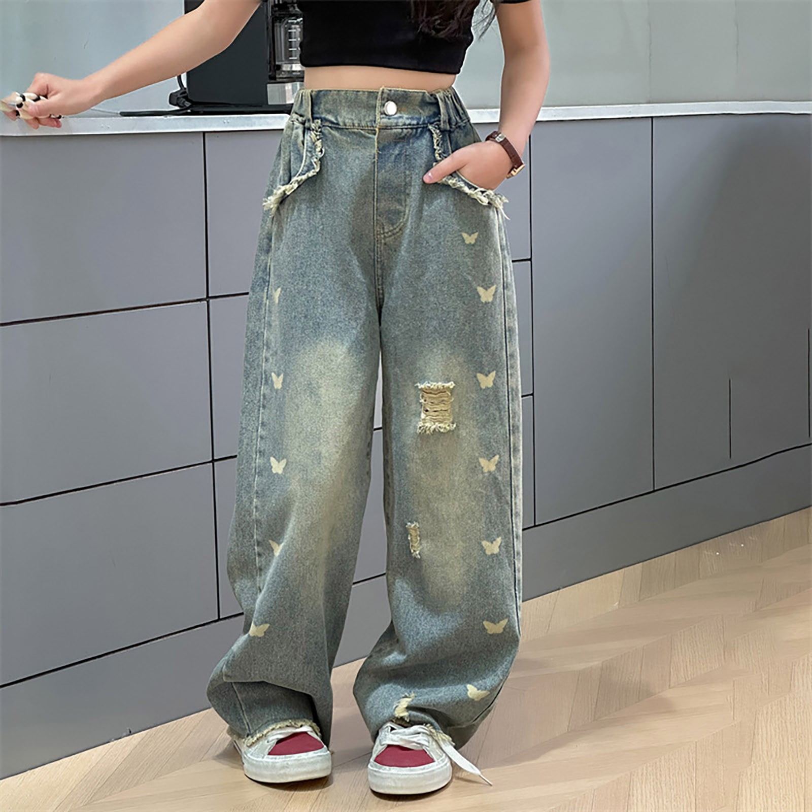 JAHH Girls Baggy Jeans Wide Leg Ripped High Elastic Waist Denim Pants ...