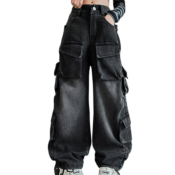 JAHH Girls Streetwear Denim Cargo Pants High Waist Floor Length Baggy ...