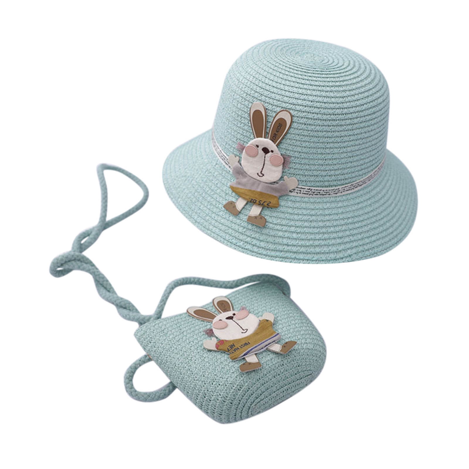 JAHH Girls Summer Sun Hat with Straw Bag 2-Piece Set UPF 50+ Wide Brim ...