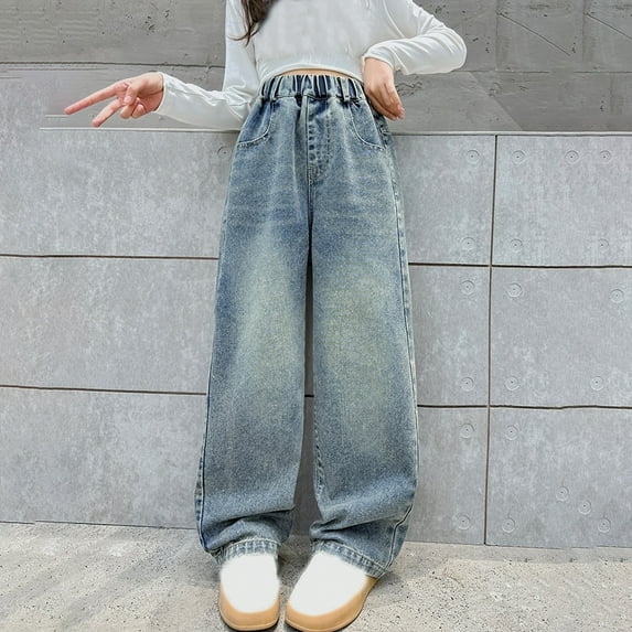 JAHH Girls Wide Leg Baggy Denim Pants Elastic Waist Straight Washed ...