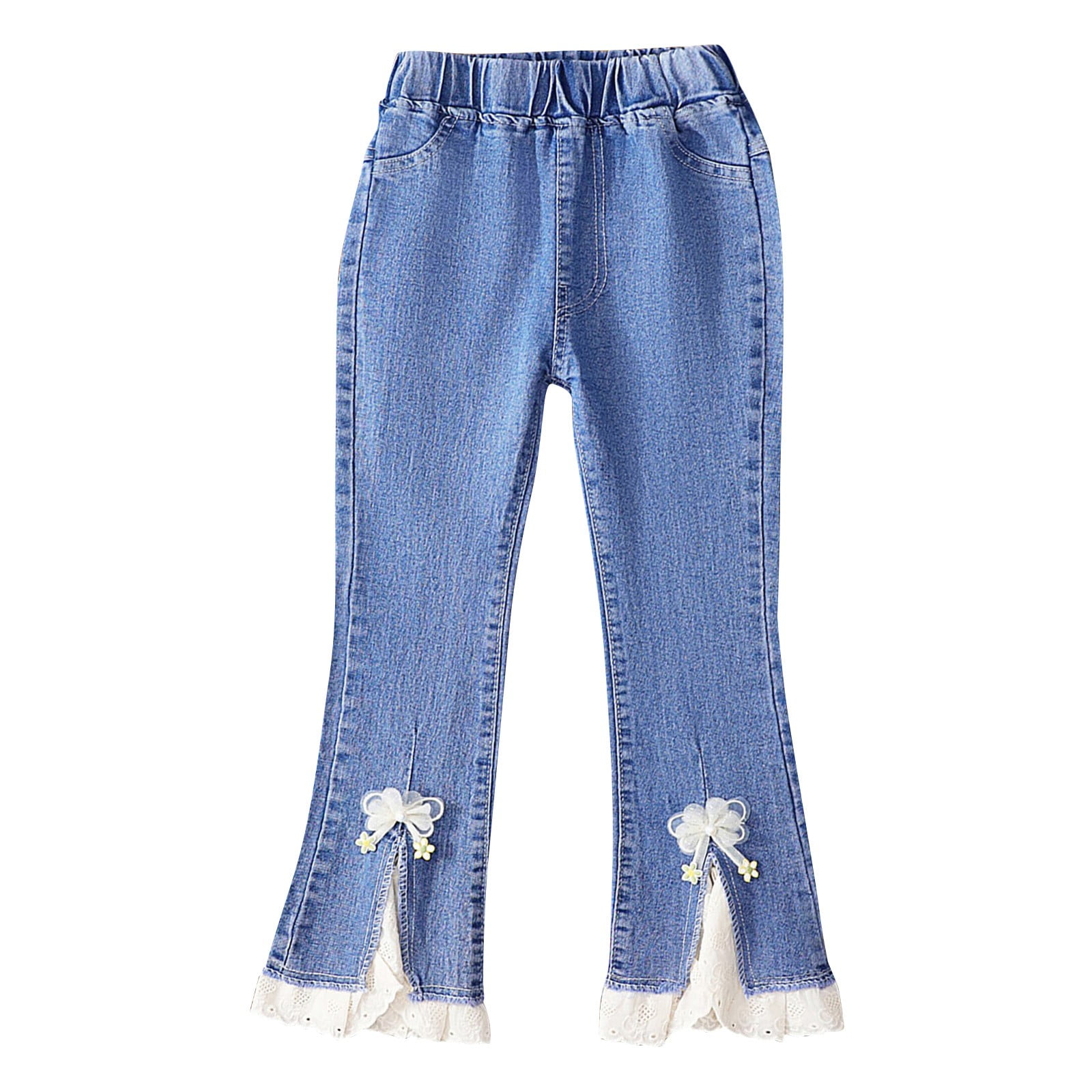 JAHH Kids Girls Baggy Flared Jeans Elastic Waist Lace Trim Straight Leg ...