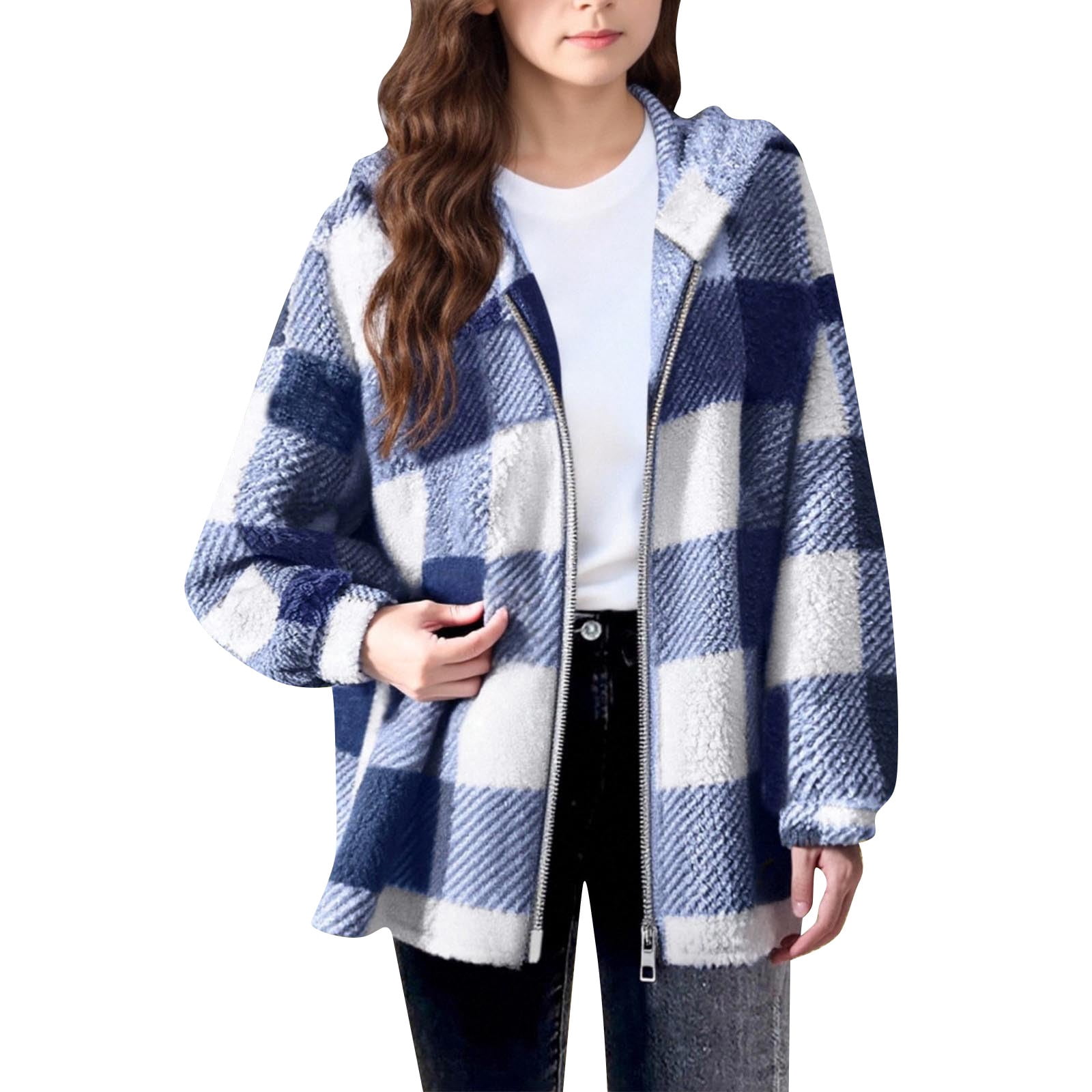 JAHH Kids Winter Warm Hooded Jacket with Pockets Zipper Closure Plaid ...