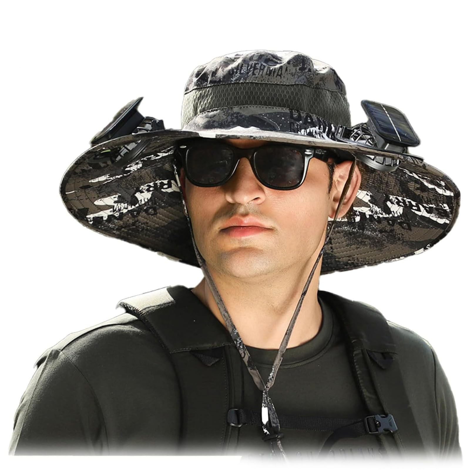 JAHH Wide Brim Solar Fan Outdoor Fishing Hat Men's Sun Drawstring ...