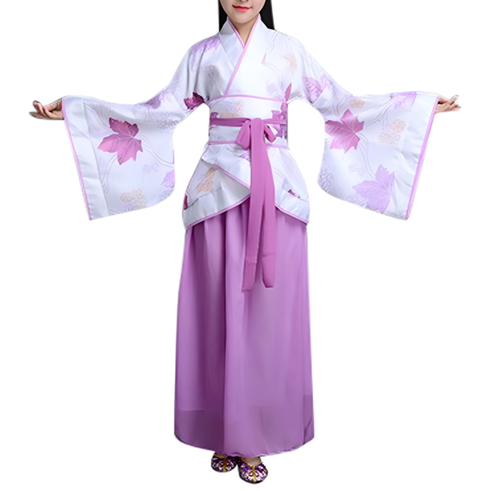 JAJAHO Girls Hanfu Dresses Floral Flared Long Sleeve Tie Waist Maxi ...