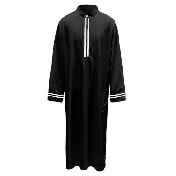 JAJAHO Mens Kaftan Abaya Long Robe Striped Arab Thobe Button Stand ...
