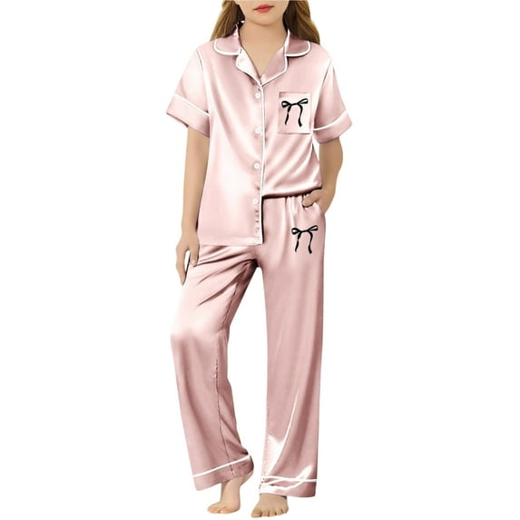 JAJAHO Short Sleeve Pants Set Girls Two Piece Outfits Silk Satin Bow ...
