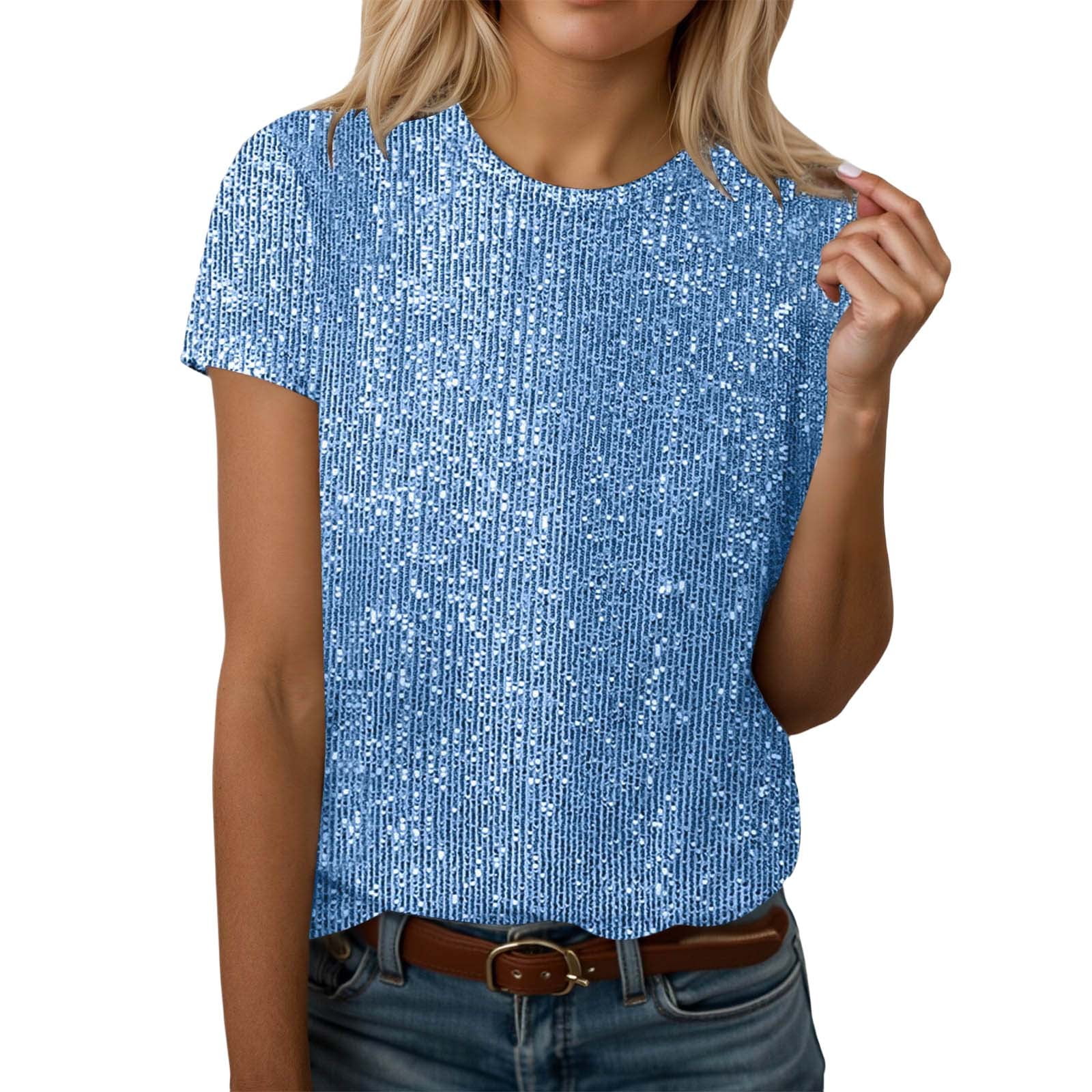 JAJAHO Sparkly Sequins T-Shirts For Women Round Neck Shiny Short Sleeve ...