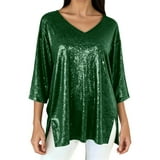 JAJAHO Womens Glitter 3/4 Sleeve Shirts Metallic Loose Fit V Neck ...