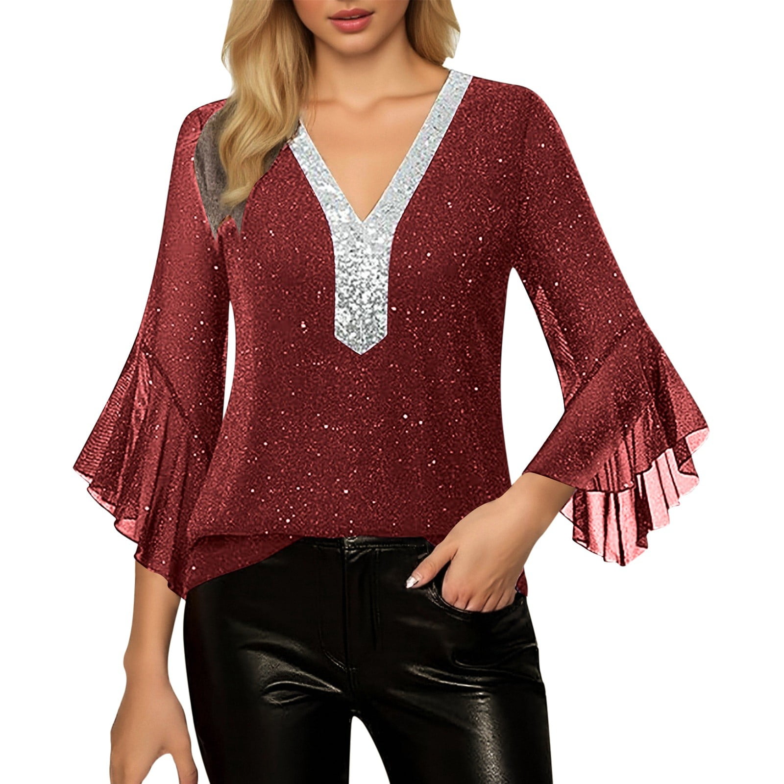 JAJAHO Womens Glitter Mesh Shirts Sequins Patchwork Flared 3/4 Sleeve V ...