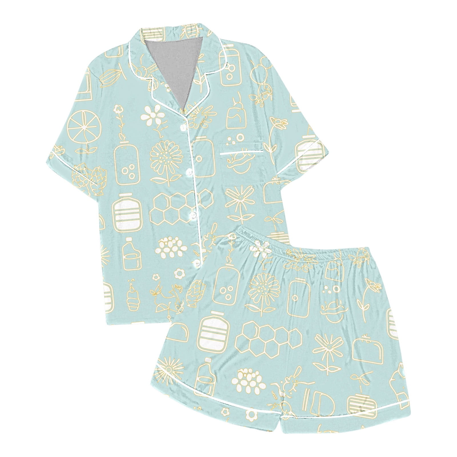 JAKANYQ Child Girls Clothes Patchwork Pattern Printed Silk Imitation Pajama Short Sleeve Set ...