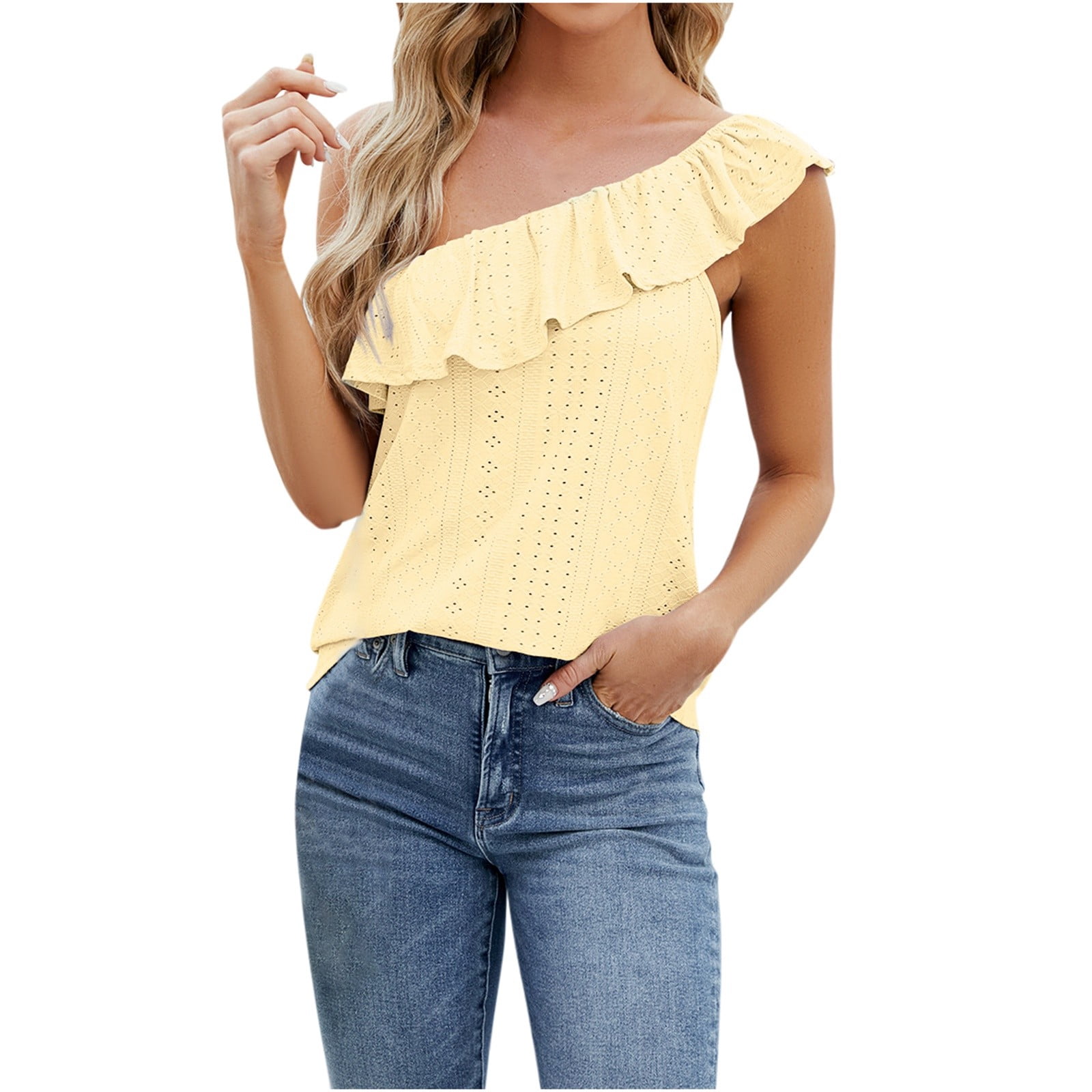 Jakanyq Ladys Camisole New Sloping Shoulder Simple Ruffle Edge Solid 9924