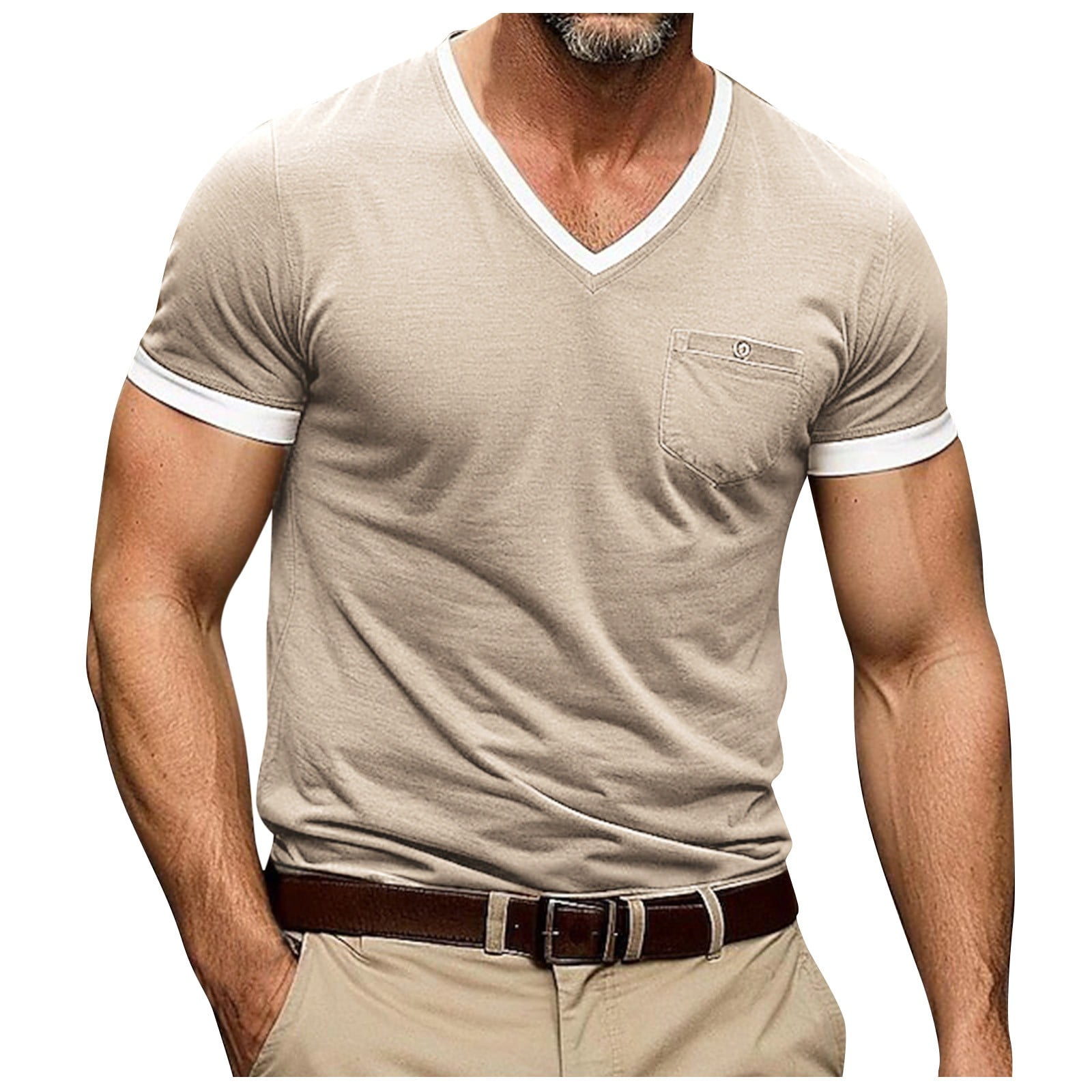 JAKANYQ Men's Tees Short Sleeved V Neck Solid Color Stitching Pocket T ...
