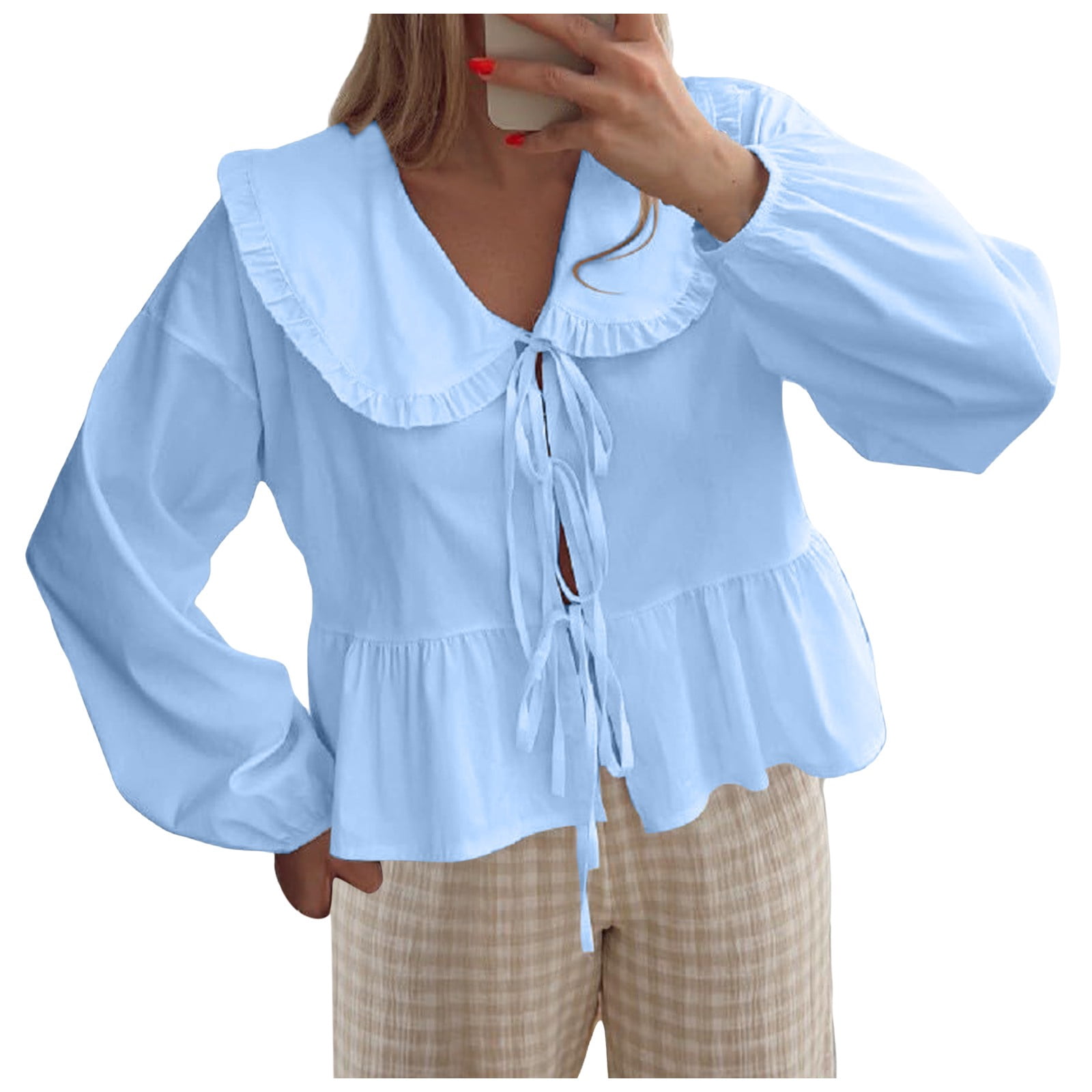 JAKANYQ Tops For Lady Tie Front Shirts Blouse Long Puff Sleeve Peplum ...