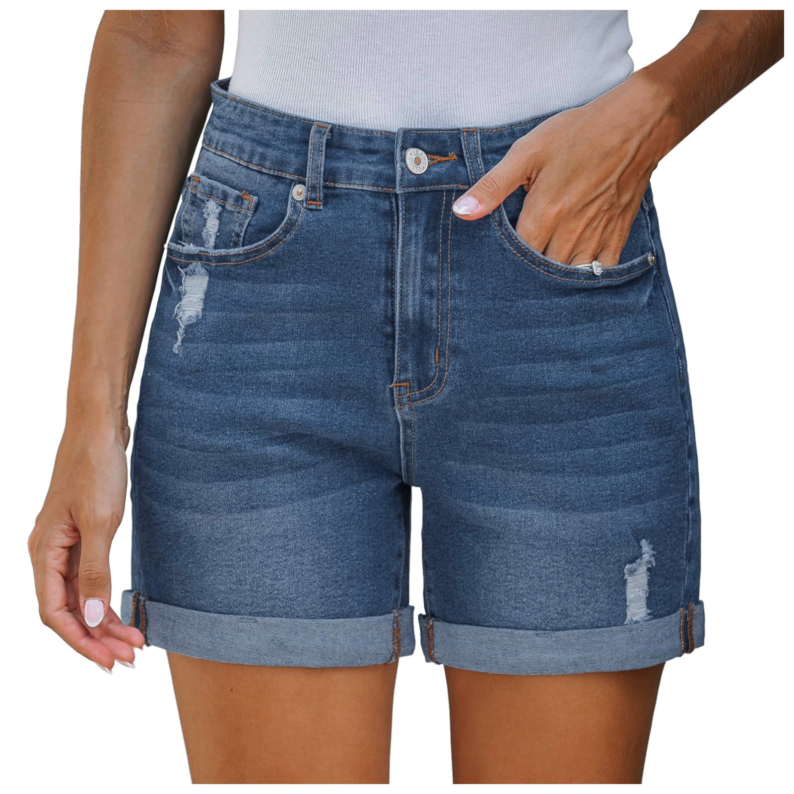 JAKANYQ Womens Demi Pants High Waisted Ripped Denim Shorts With Pockets ...
