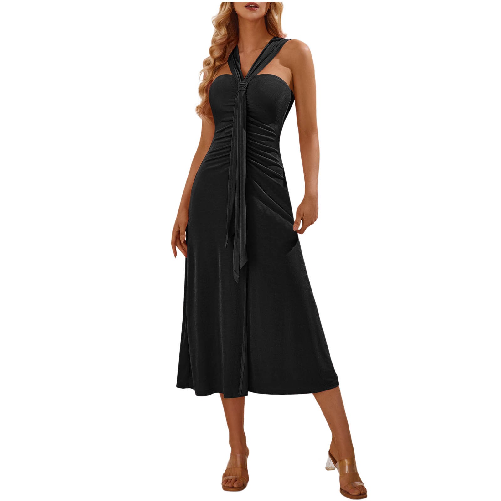 JAKANYQ Womens Dress Solid Color Off Shoulder Streamer Gathered Dress ...