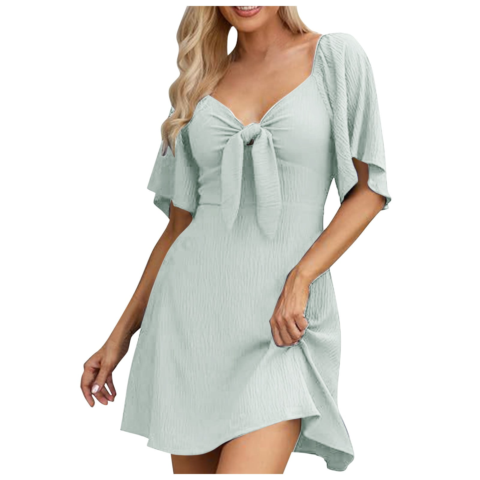 JAKANYQ Womens Dresses 2024 Spring Summer Deep V-Neck Elegant Bow Tie ...