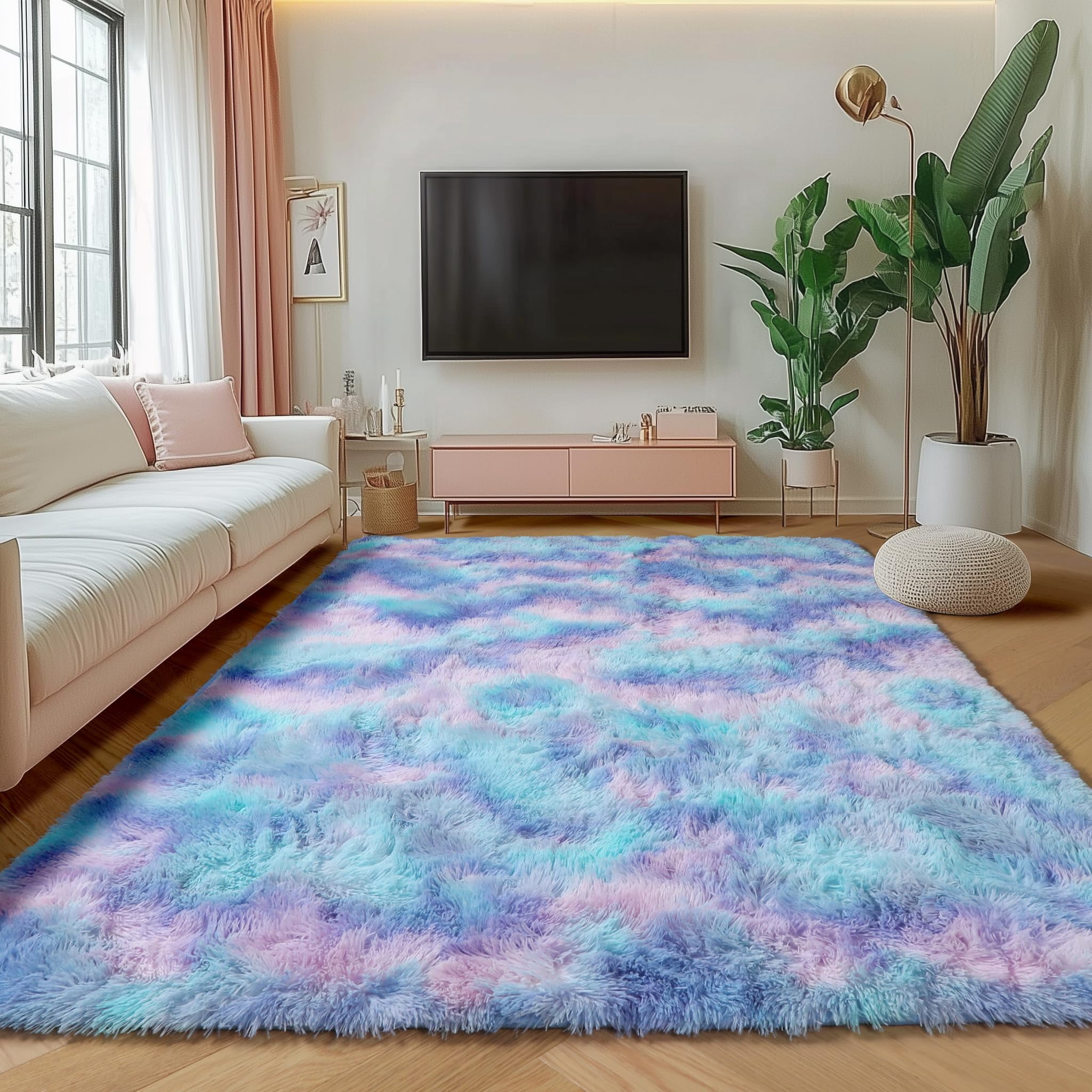 JAKOLIVE Tie-Dye Lavender Rainbow Shag Area Rug, Soft Indoor Carpet, 5 ...