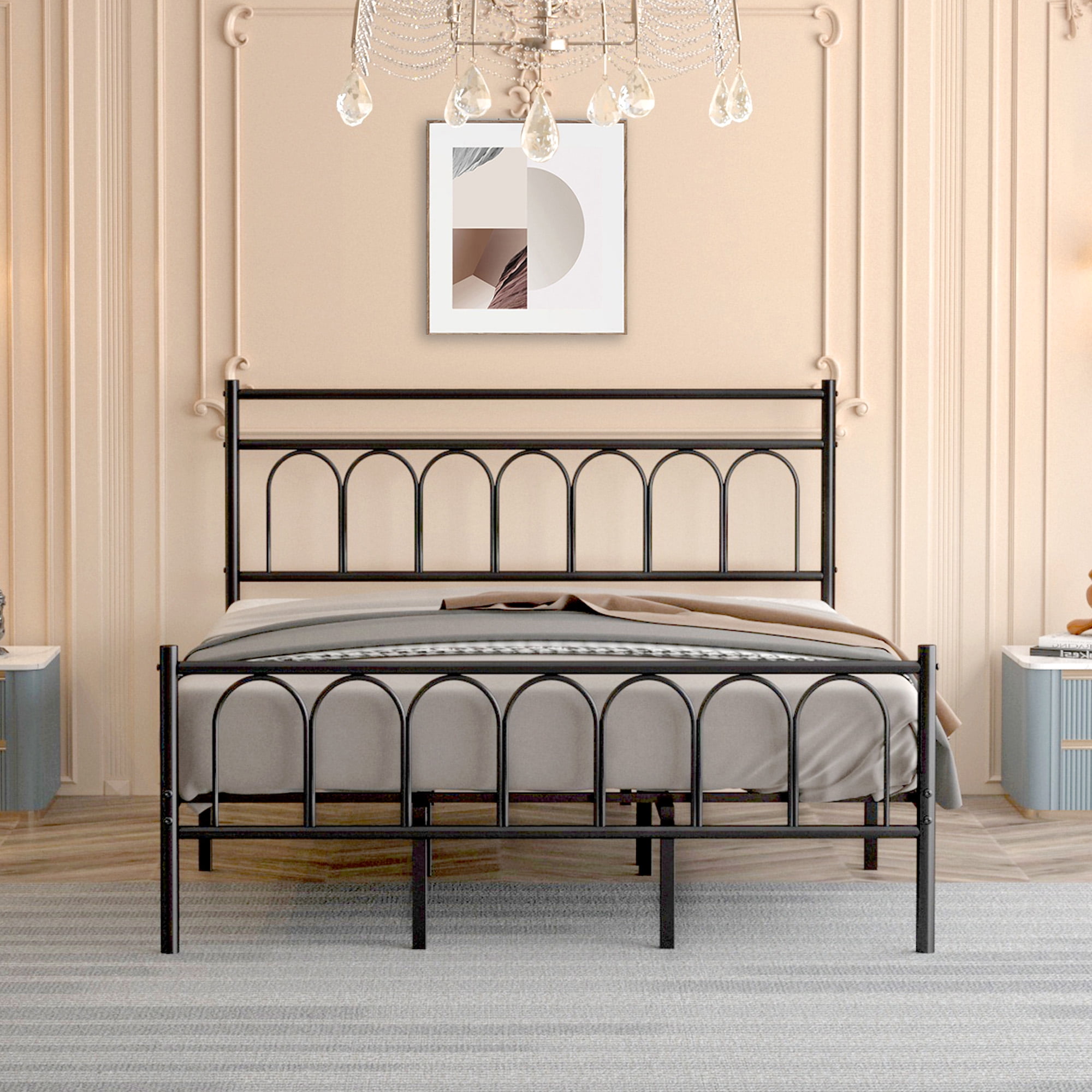 JAKOOLA Queen Bed Frame with Classic Headboard Metal Bed Frame Under ...