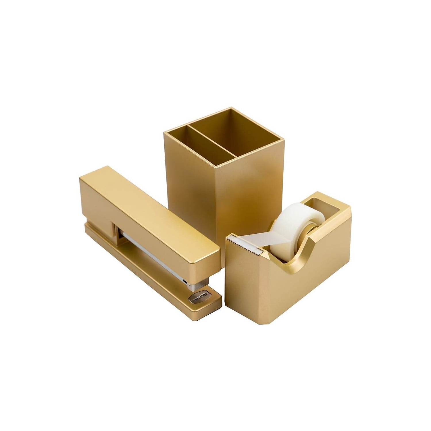 JAM PAPER Desk Trio Pack Gold Stapler Tape Dispenser & Pen Holder 3 ...