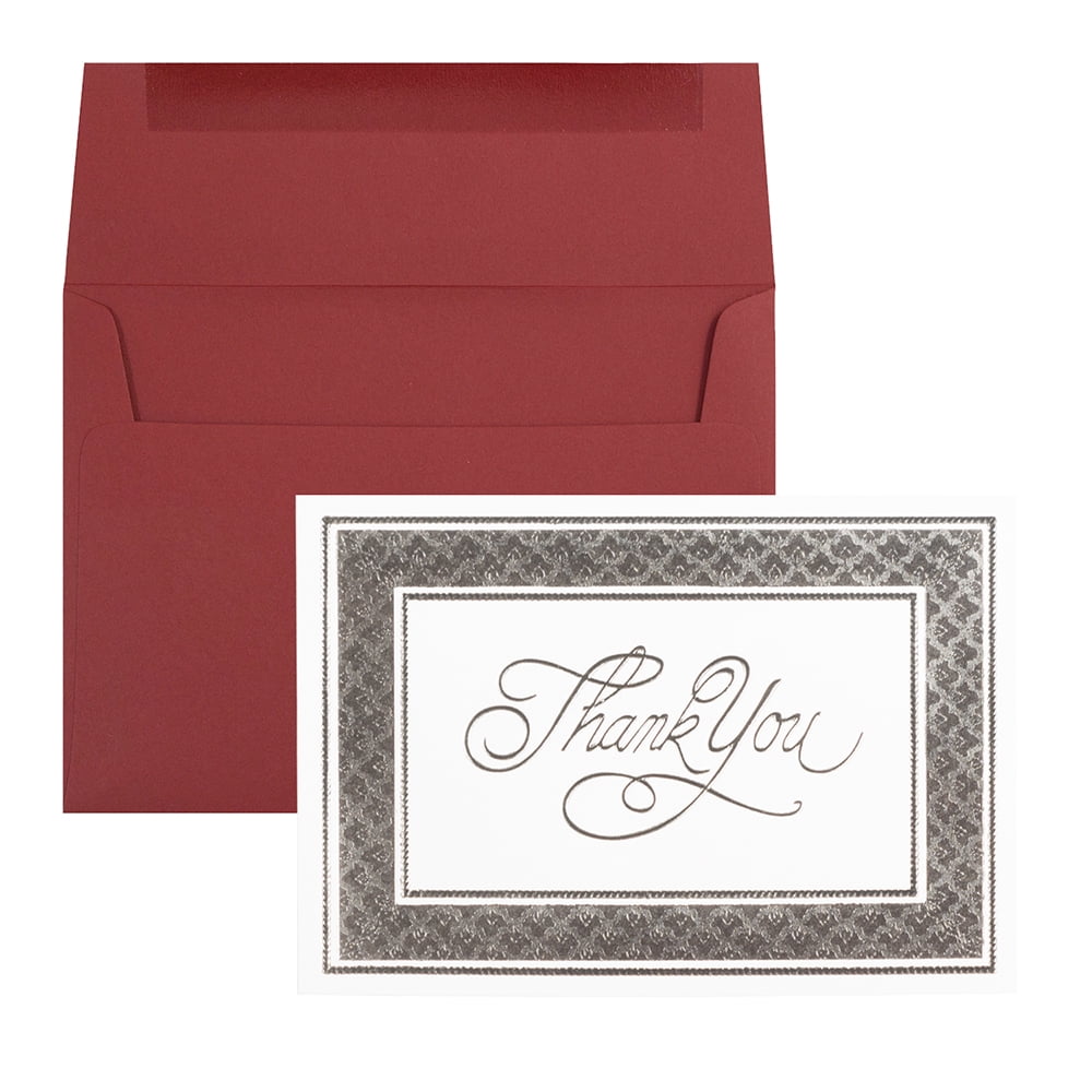 JAM Paper & Envelope Thank You Card Sets, Silver Border with Dark Red Envelopes, 25/Pack ...
