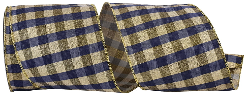 JAM Paper Metallic Check Ribbon, Navy Blue & Gold, 4in x 10yd, 1/Pack ...