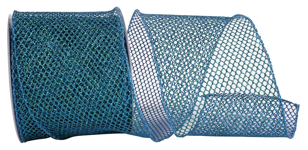 JAM Paper Metallic Glitter Net Wired Edge Ribbon, Turquoise Blue, 4in x ...