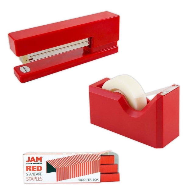 JAM Paper Office & Desk Set, Red, 3/Pack, 1 Tape Dispenser, 1 Stapler ...