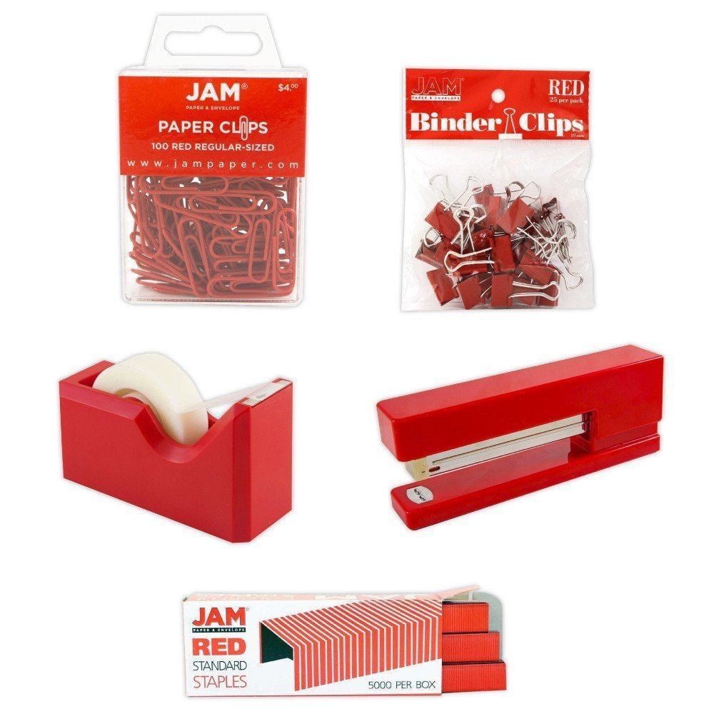 JAM Paper Office Starter Kit, Red, 5/Pack, Stapler, Tape Dispenser ...