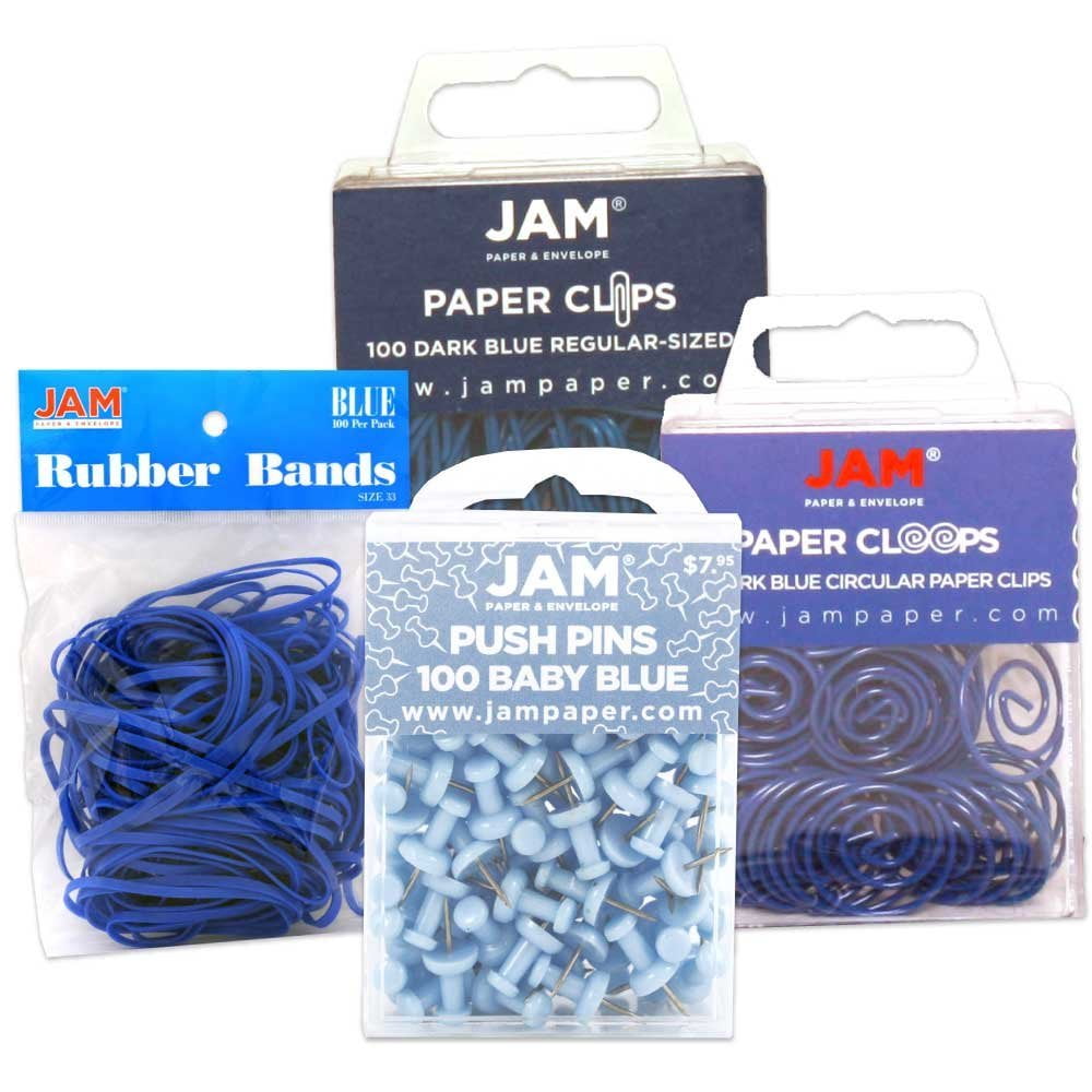 JAM Paper Office Supply Assortment, Blue, 4/Pack, 1 Rubber Bands, 1 ...