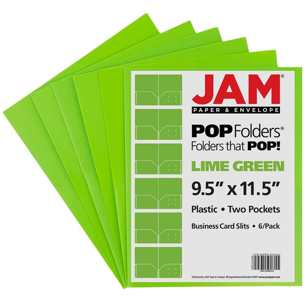 JAM Paper Plastic 2 Pocket School POP Folders, Lime Green, 6 per Pack ...