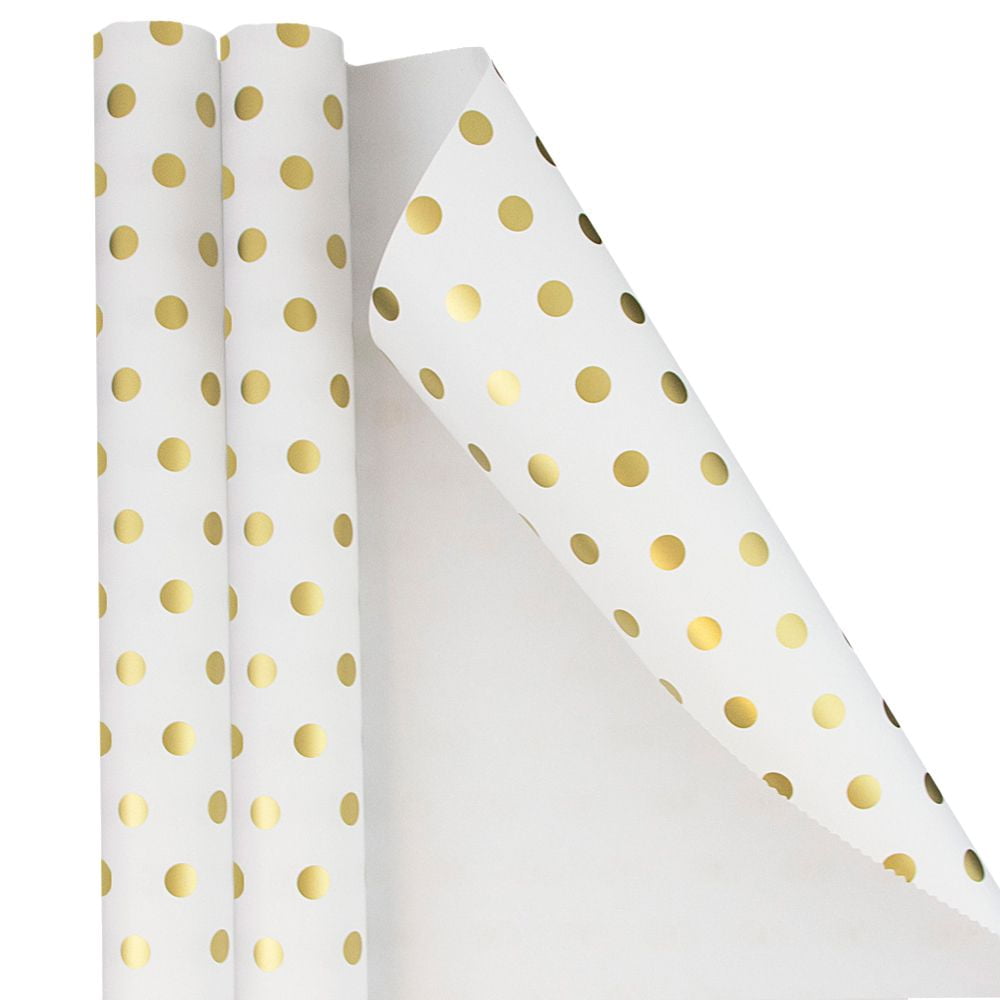 JAM Paper Polka Dot Wrapping Paper, 50 Sq. ft Total White with Gold ...
