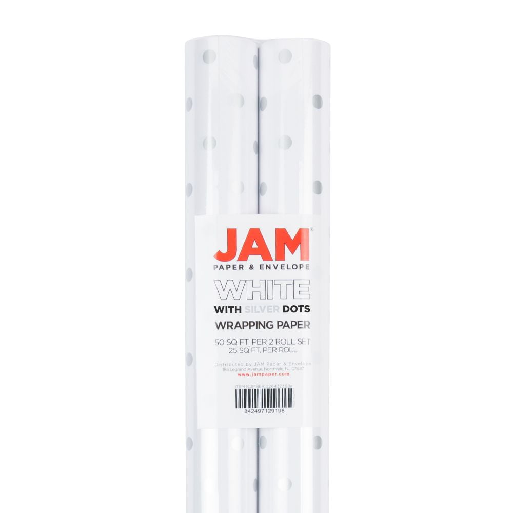JAM Paper Polka Dot Wrapping Paper, 50 Sq. ft Total White with Silver ...