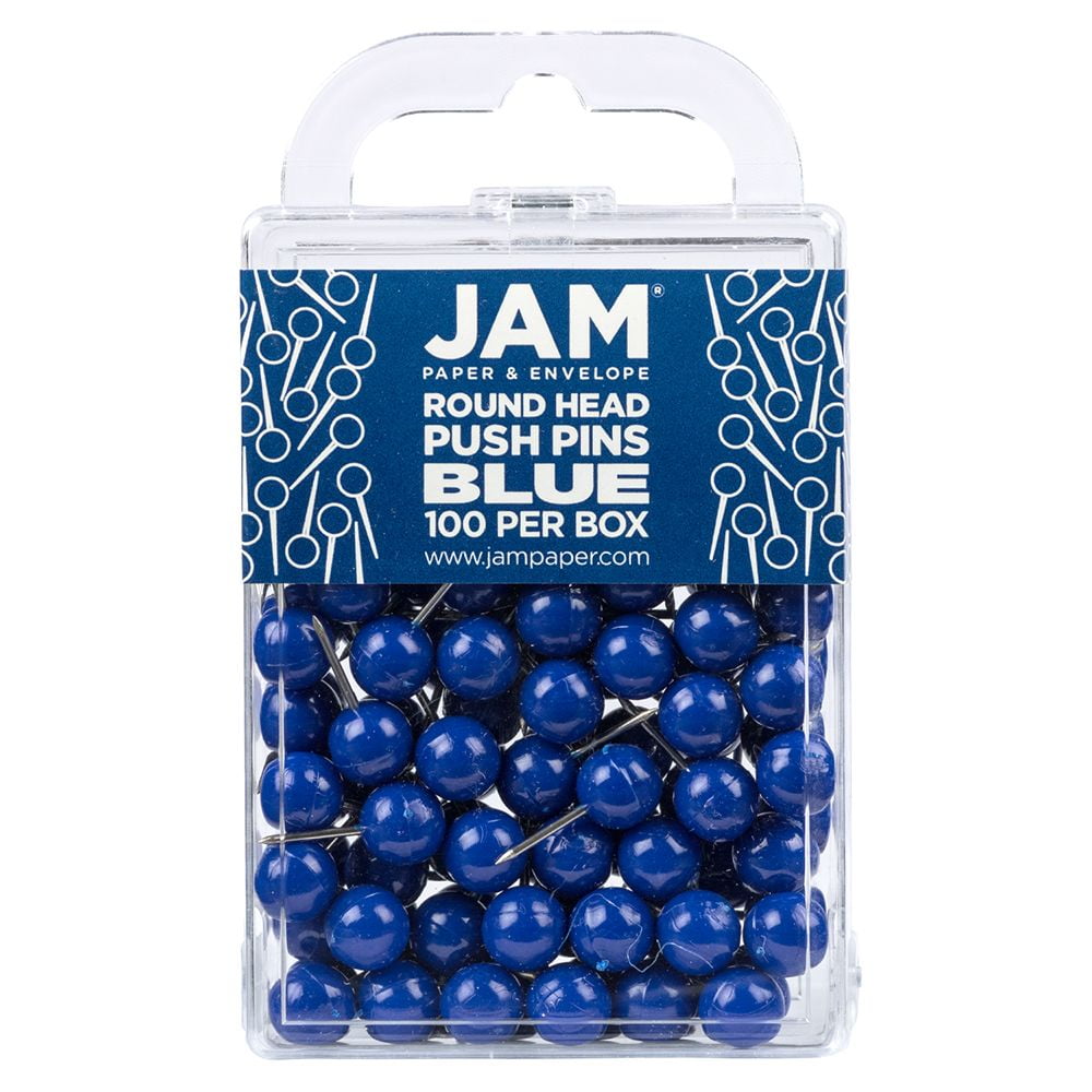 JAM Paper Push Pins, Round Head Map Tacks, 1 inch, Blue, 100/Pack ...