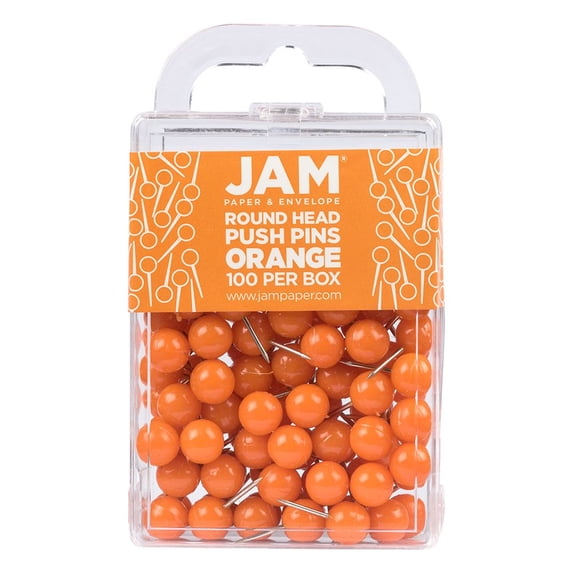 JAM Paper Push Pins, Round Head Map Tacks, 1 inch, Orange, 100/Pack ...