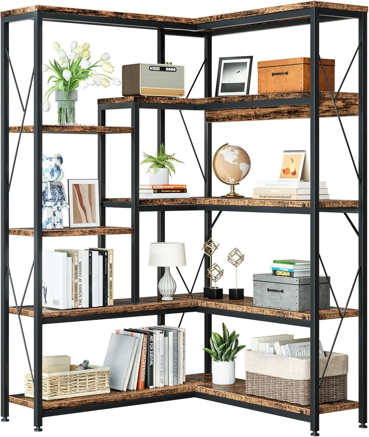 JAMFLY 5-Tier Corner Bookshelf, Industrial Corner Bookcase, Book ...